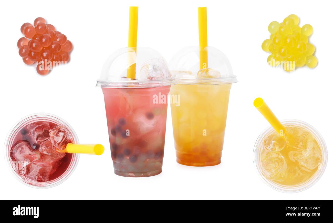 Bubble tea of different flavors and tapioca pearls on white background ...