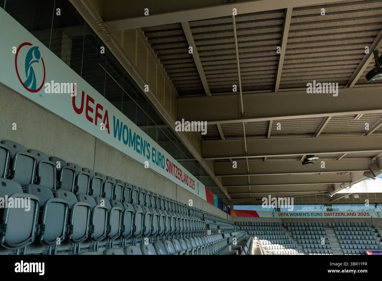 Innenansicht der Arena Thun, UEFA Women?s EURO 2025 Branding UEFA Women ...