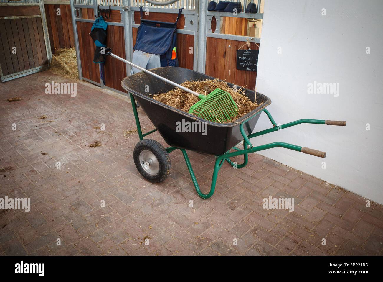 the Horse manure is disposed of with a wheelbarrow Stock Photo - Alamy