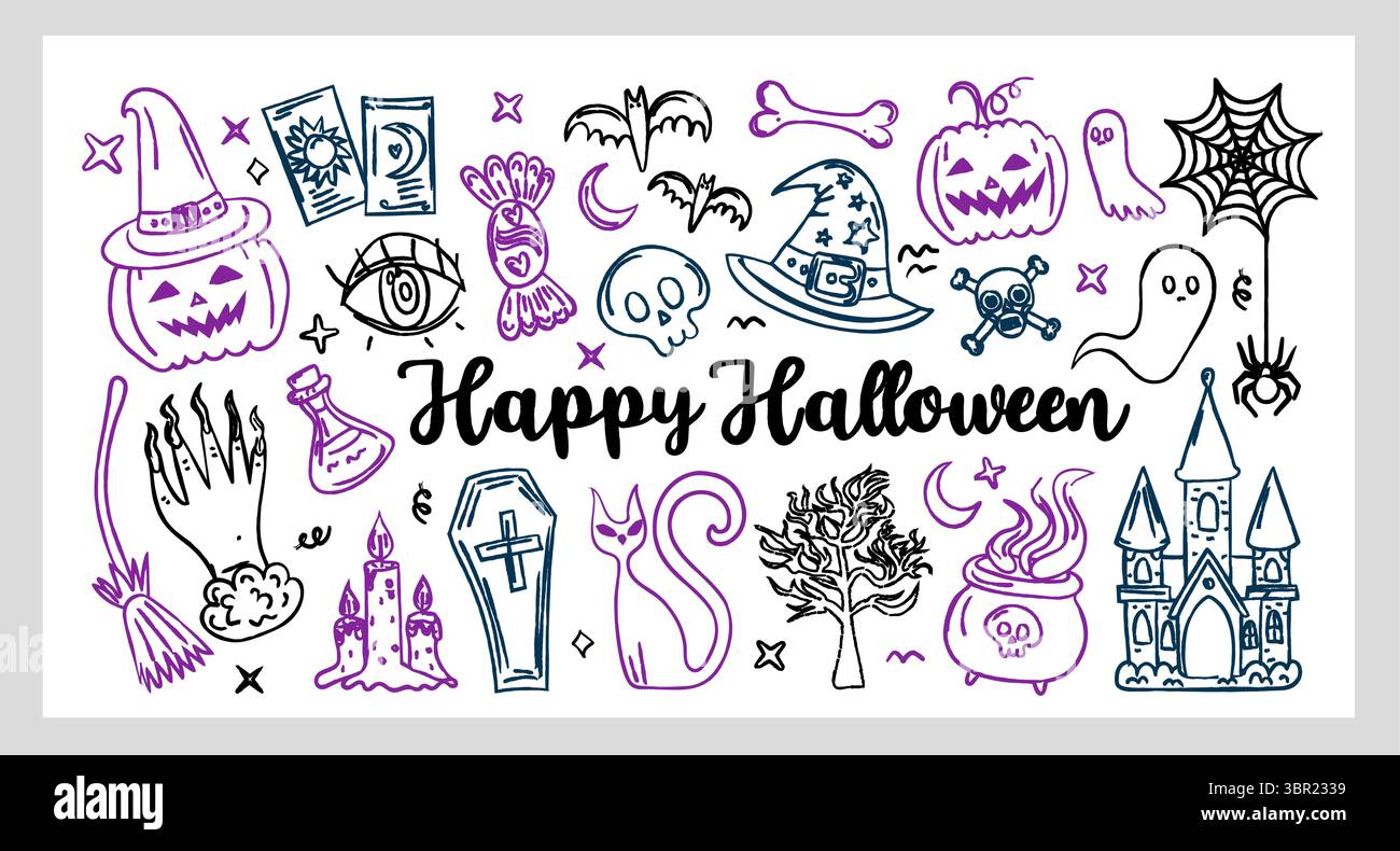 Whimsical Halloween line art set hand drawn in chalk and charcoal style ...