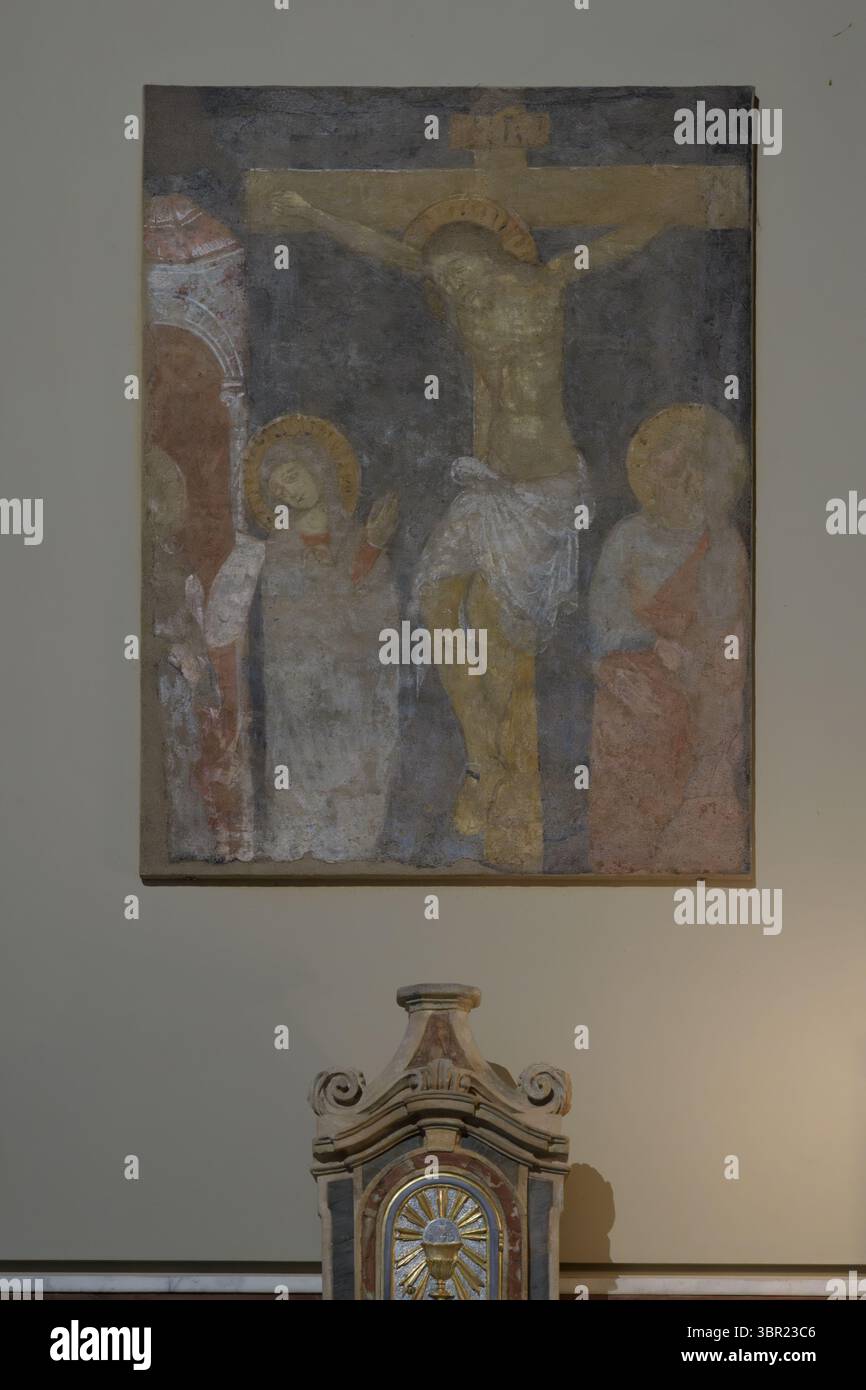 Fresco of the Crucifixion with Christ on the cross, Virgin Mary and ...