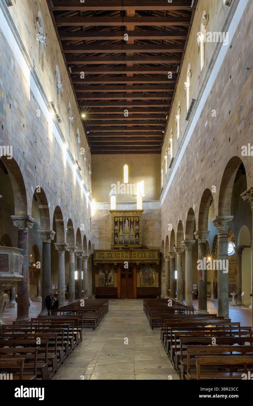 Romanesque nave of the Basilica of San Frediano in Lucca, Italy, with ...