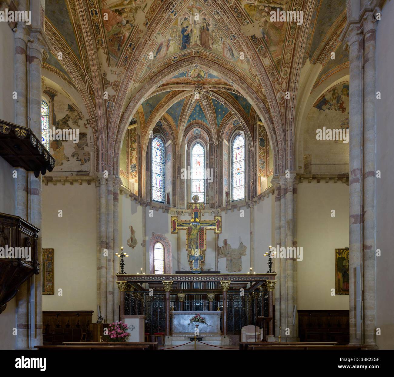 Apse of Basilica of Saint Clare in Assisi, Italy, with painted crucifix ...