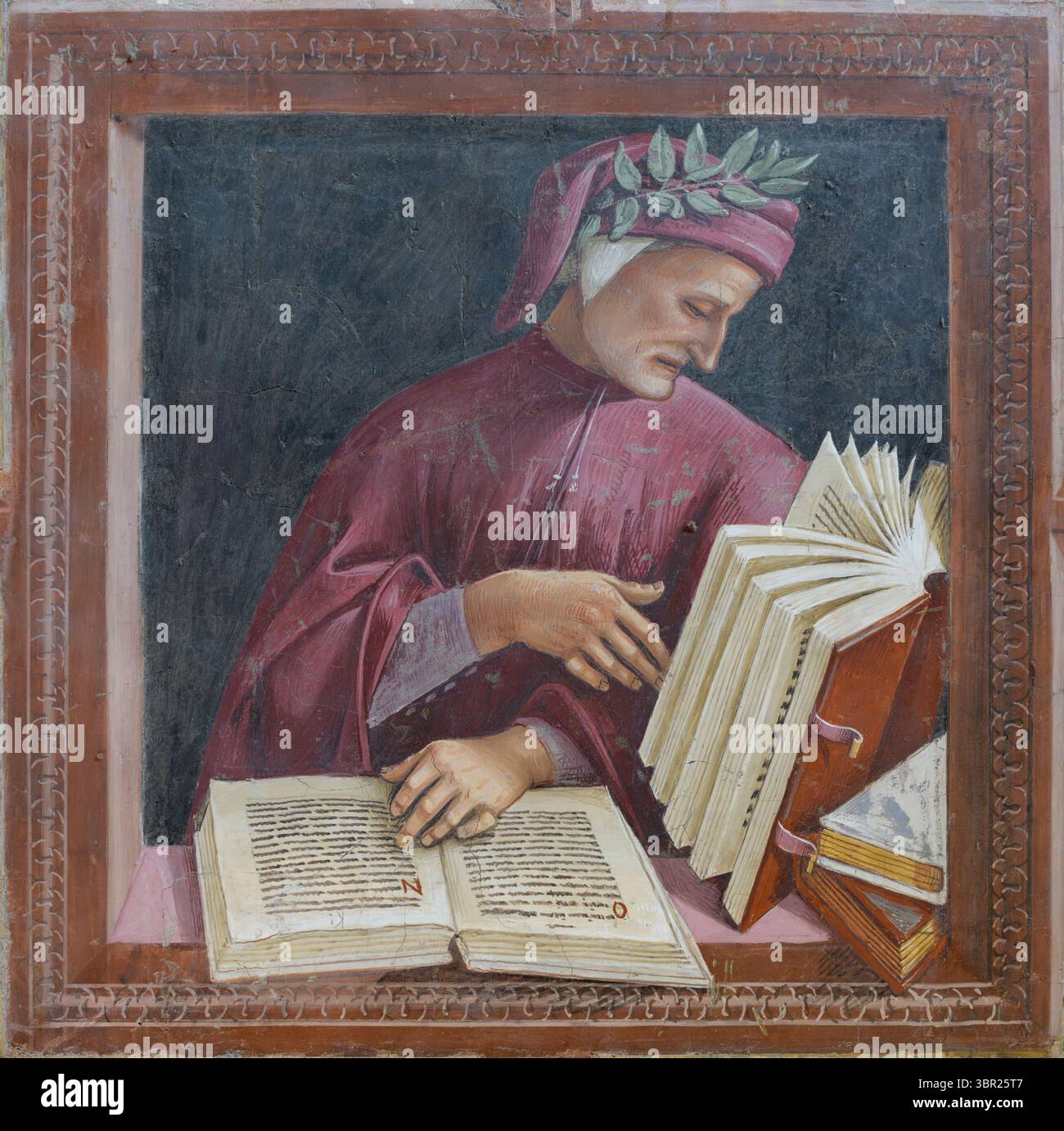 Fresco of Dante Alighieri with laurel wreath, reading a book, in Chapel ...