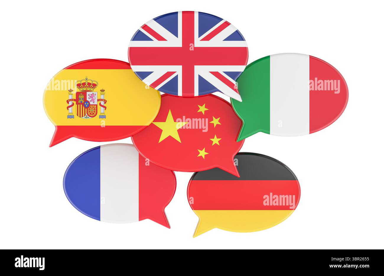 Speech bubbles with world flags. Global communication and learning ...