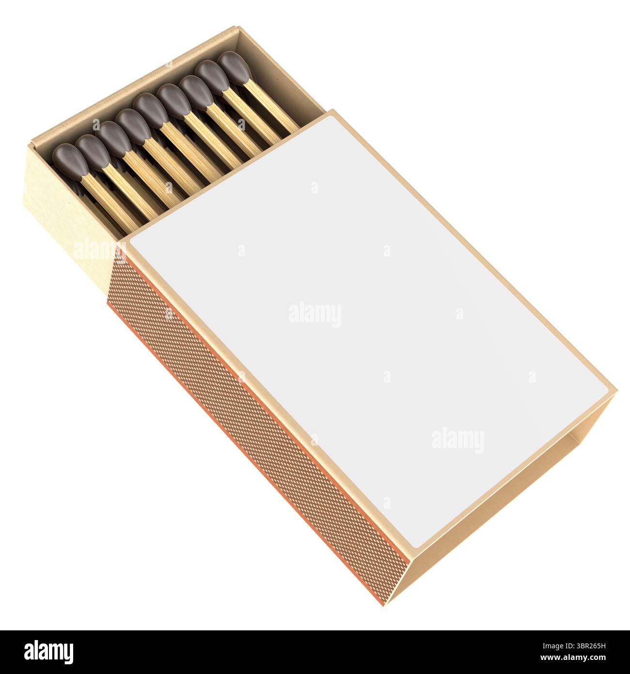 Open matchbox with brown matches and blank white label on the box. 3D ...