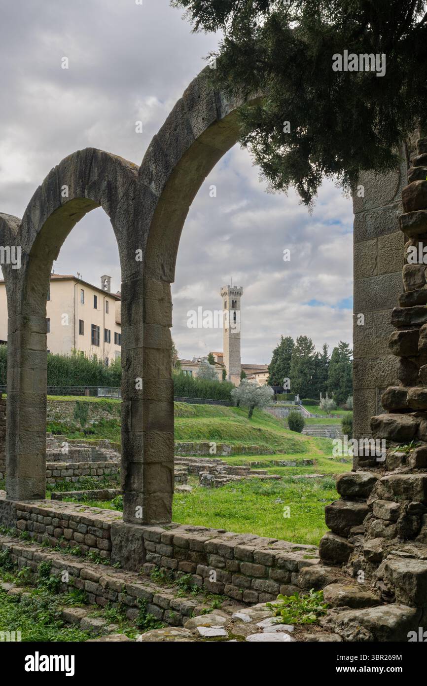 Ancient Roman stone arches at the archaeological site in Fiesole, Italy ...