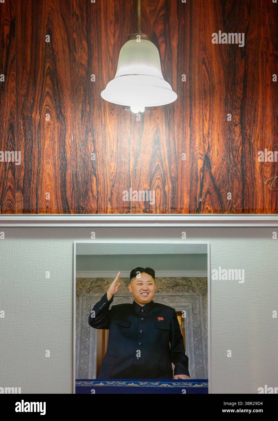 Kim jung-un propaganda poster in an hotel reception, Kangwon-do, Wonsan ...