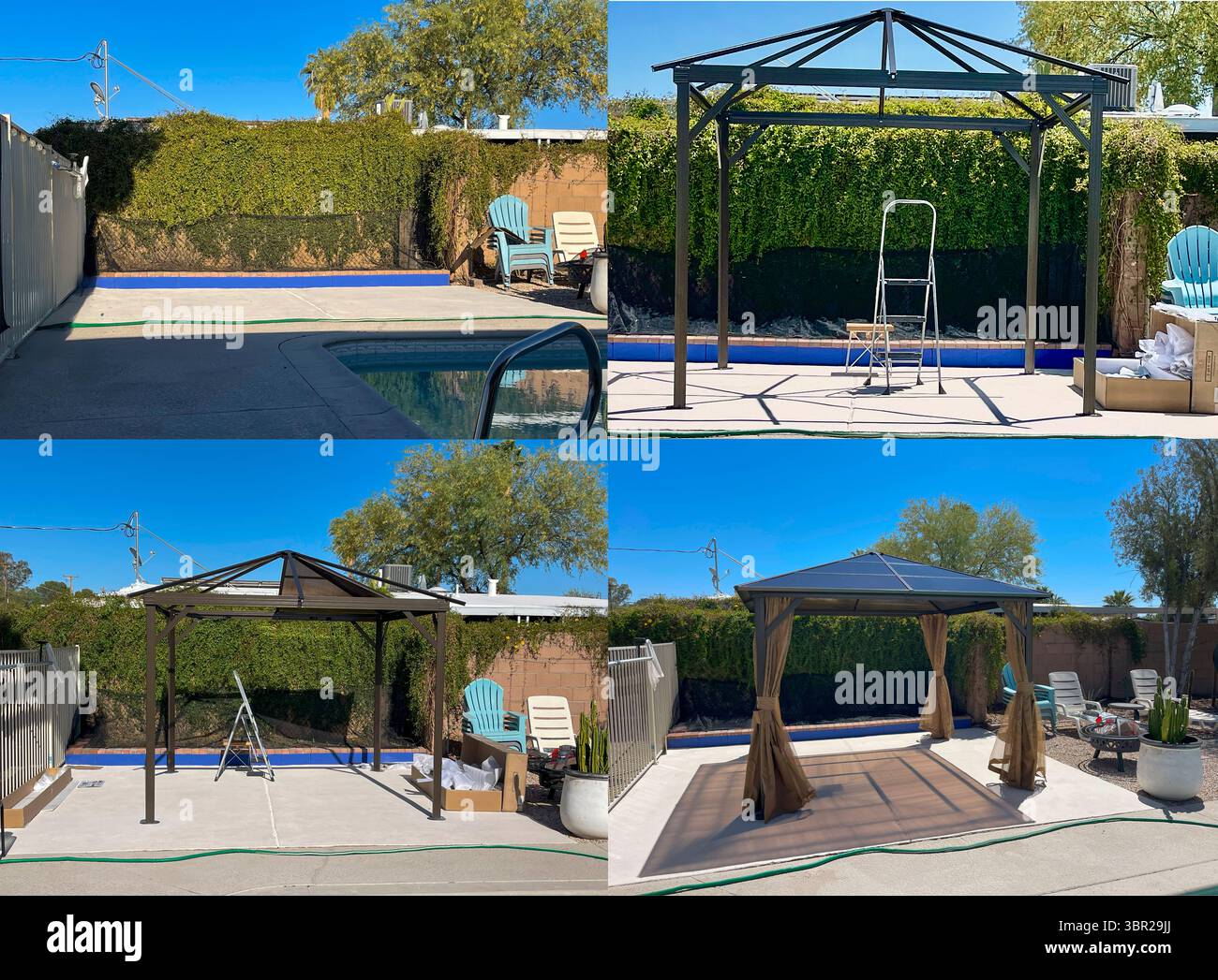 Four stages of the construction of a garden pergola Stock Photo - Alamy