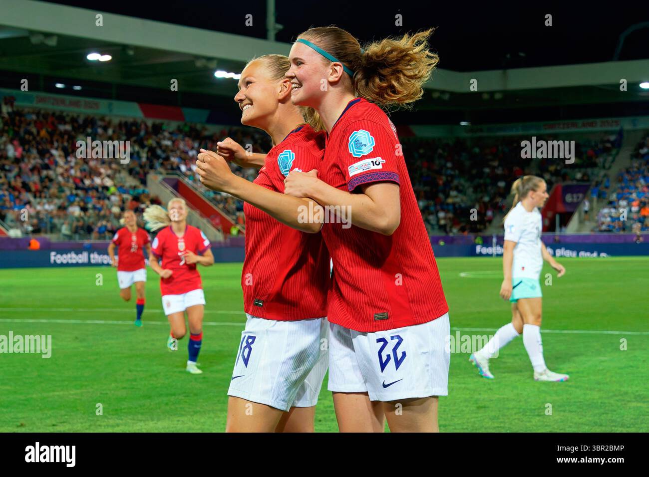 Frida Maanum of Norway celebrates after scoring a goal with Signe ...