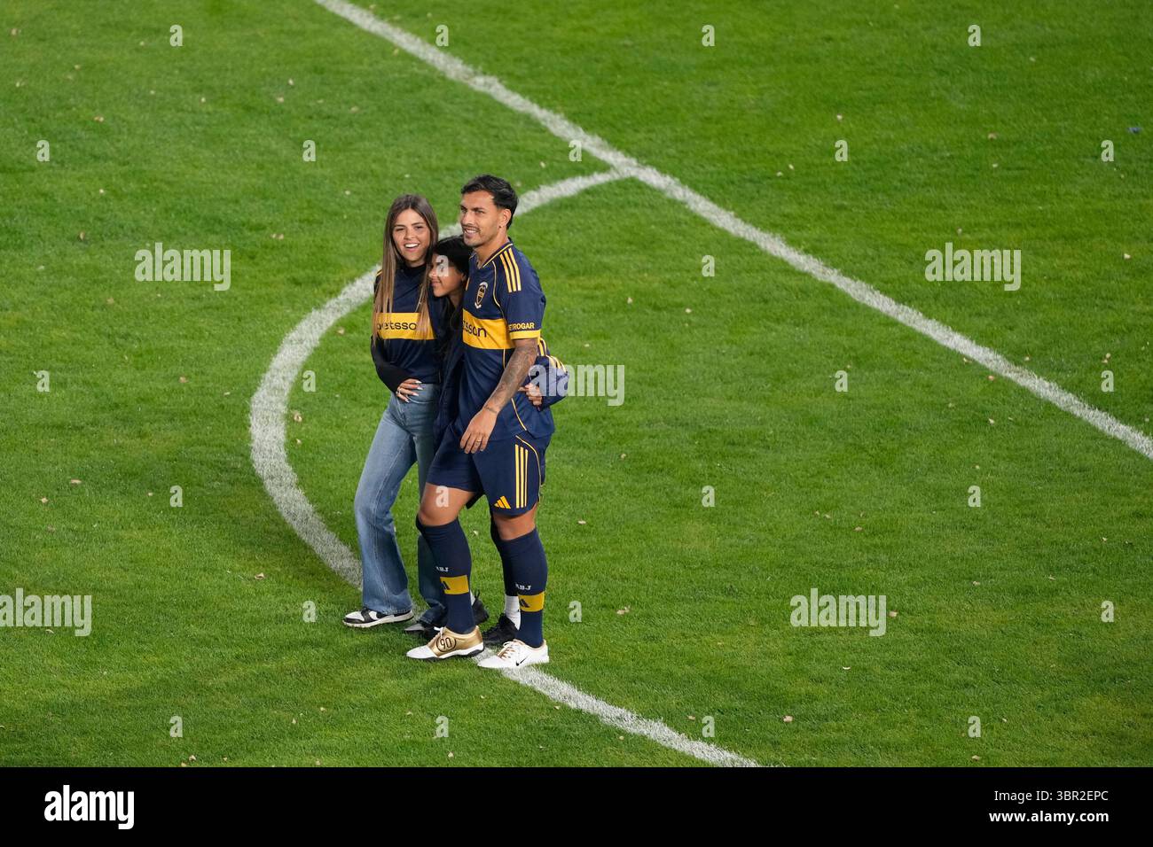 Leandro Paredes, right, with his wife Camila Galante and daughter ...