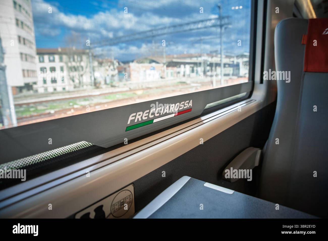 ROME, ITALY - JANUARY 15, 2025: Frecciarossa logo on the window of an ...