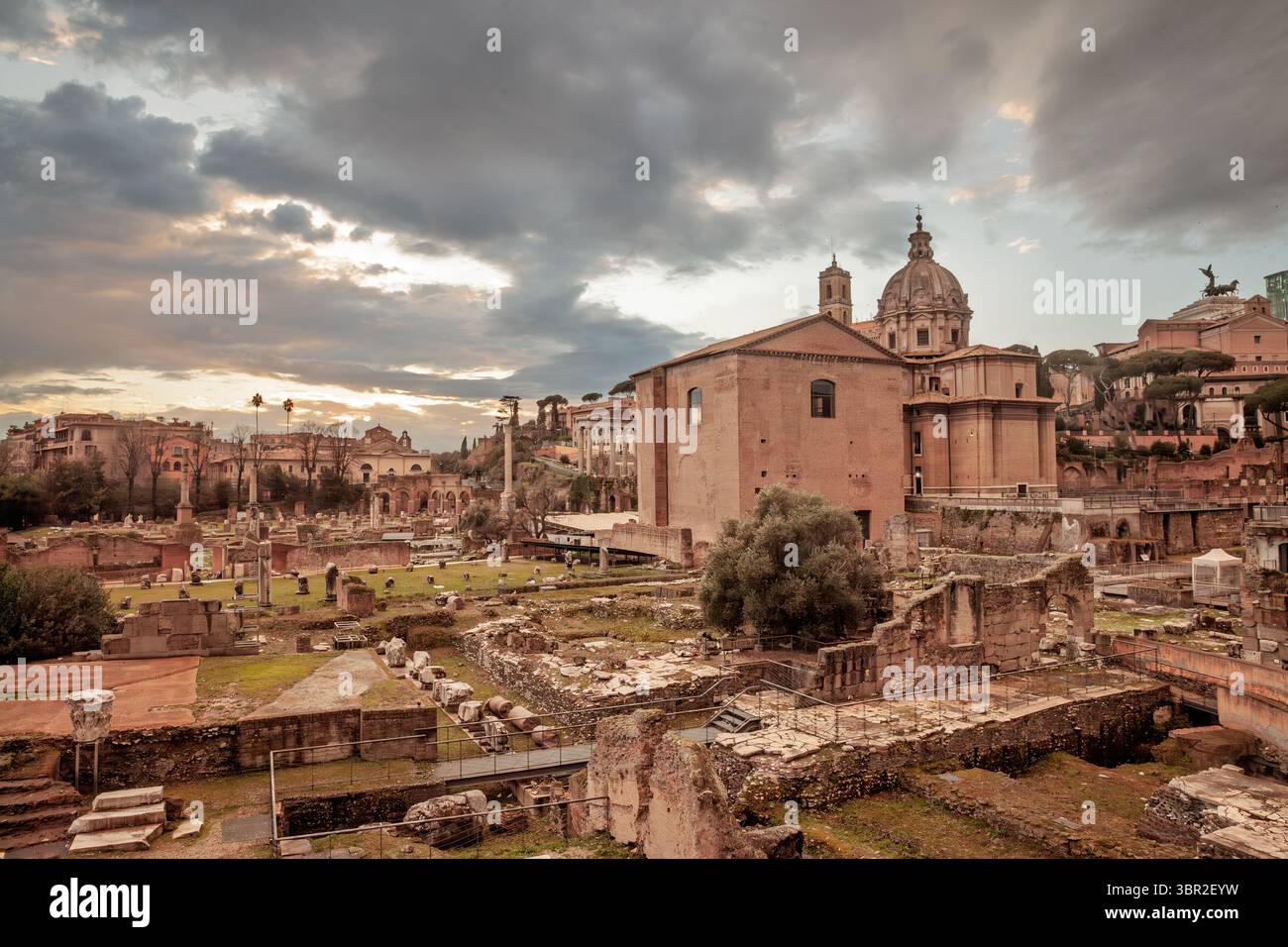 Panorama of Roman Forum (foro romano): ruined columns, basilica walls ...