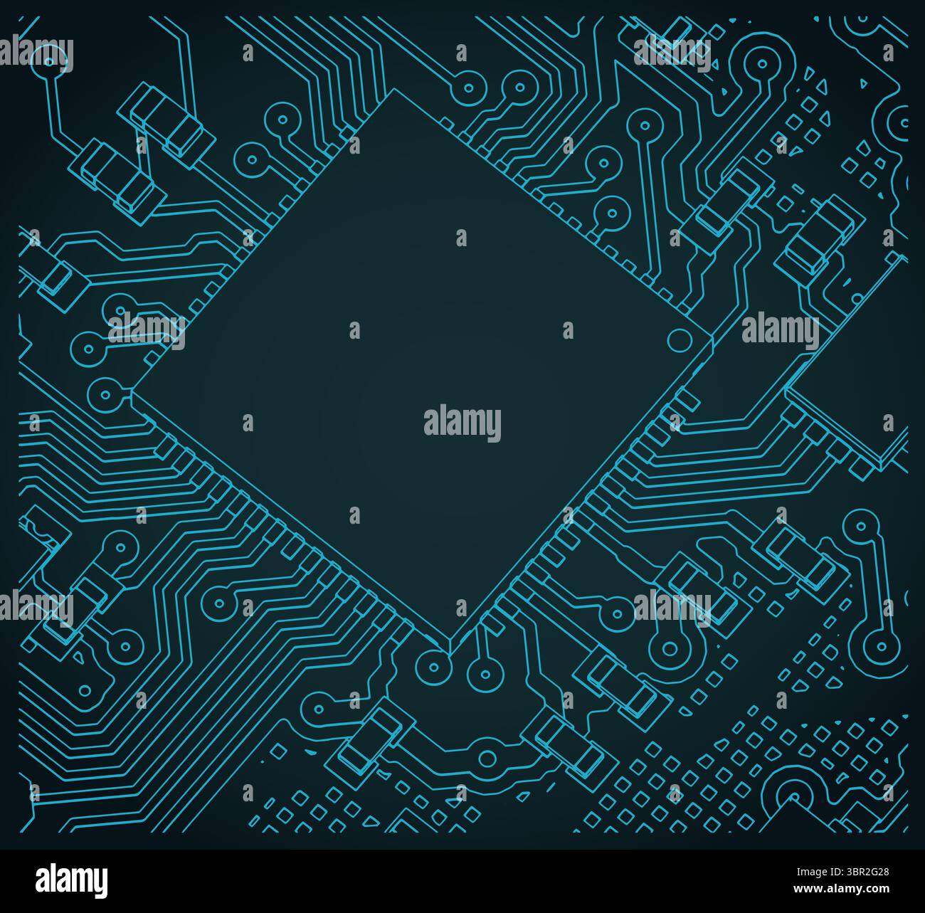 Circuit board with chip drawing close up stylized vector illustration ...