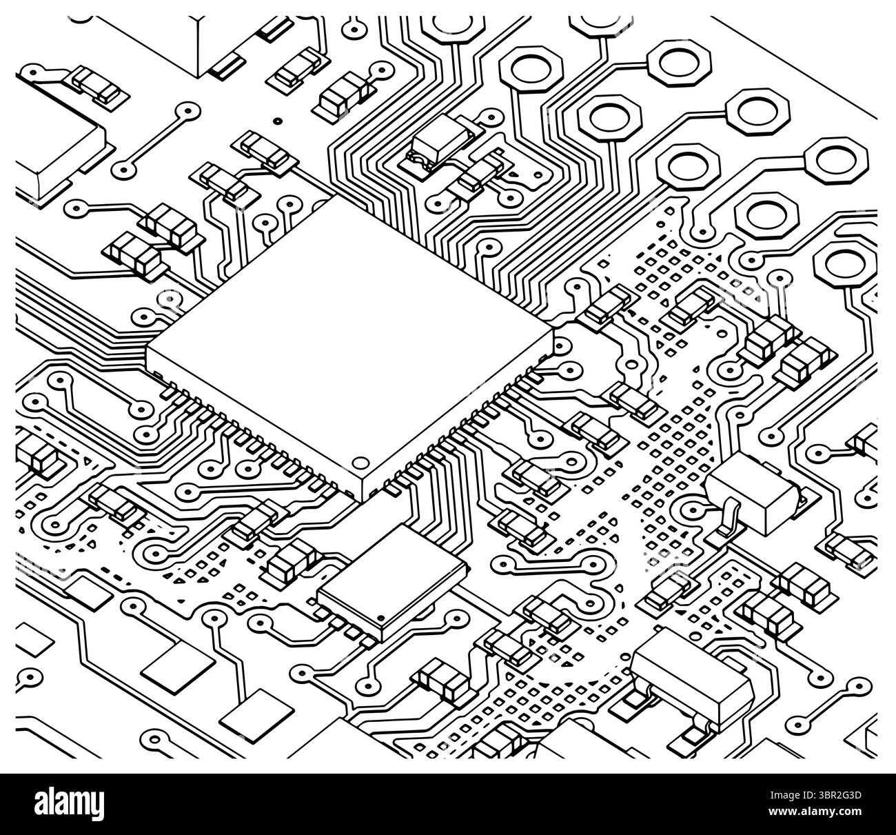 Circuit board with chip drawing close up stylized vector illustration ...
