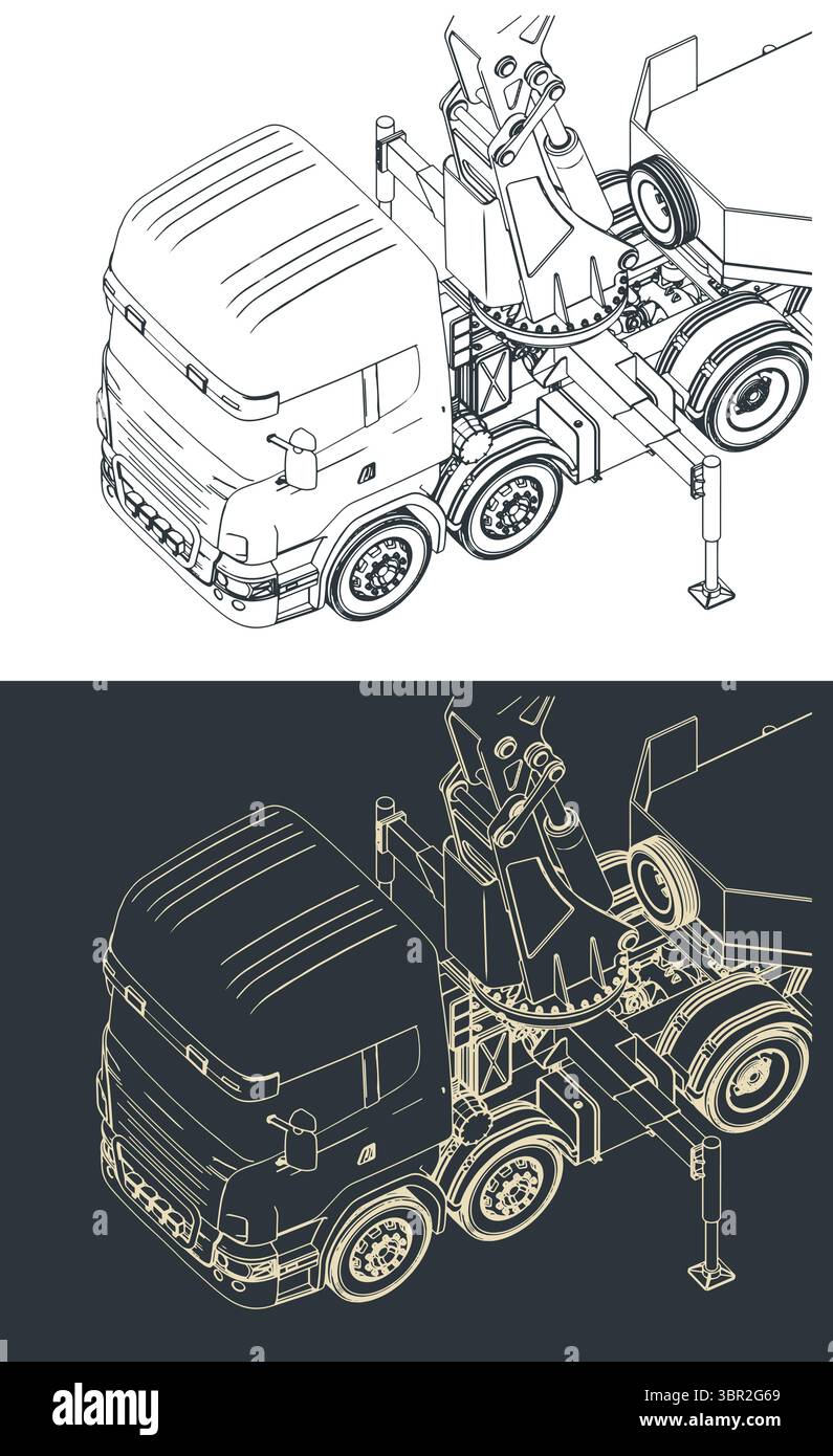 Truck with self loader mounted crane and a low-deck semi-trailer close ...