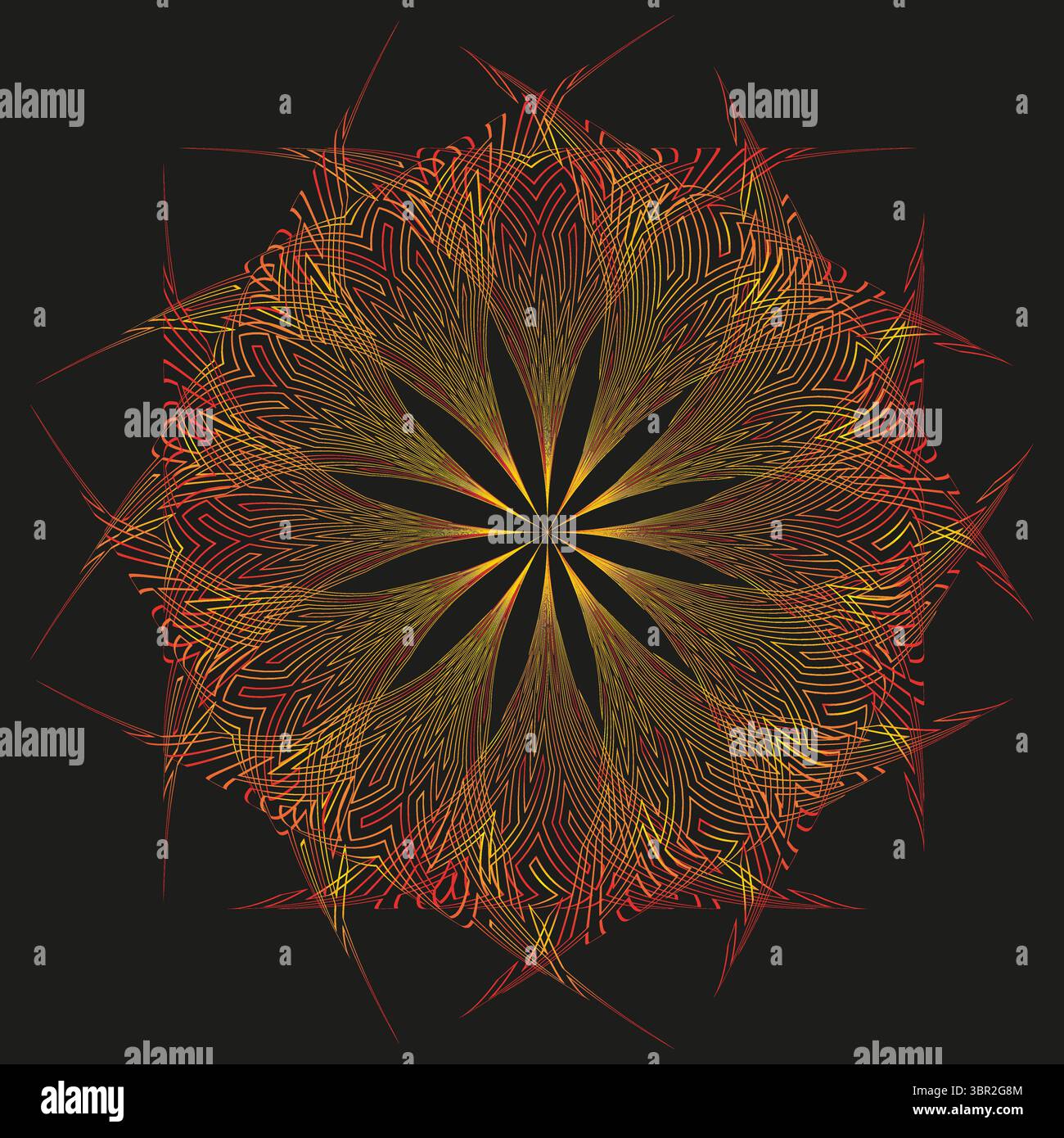Flaming mandala star. Radiant line bloom. Fiery vortex Vector. Dark ...