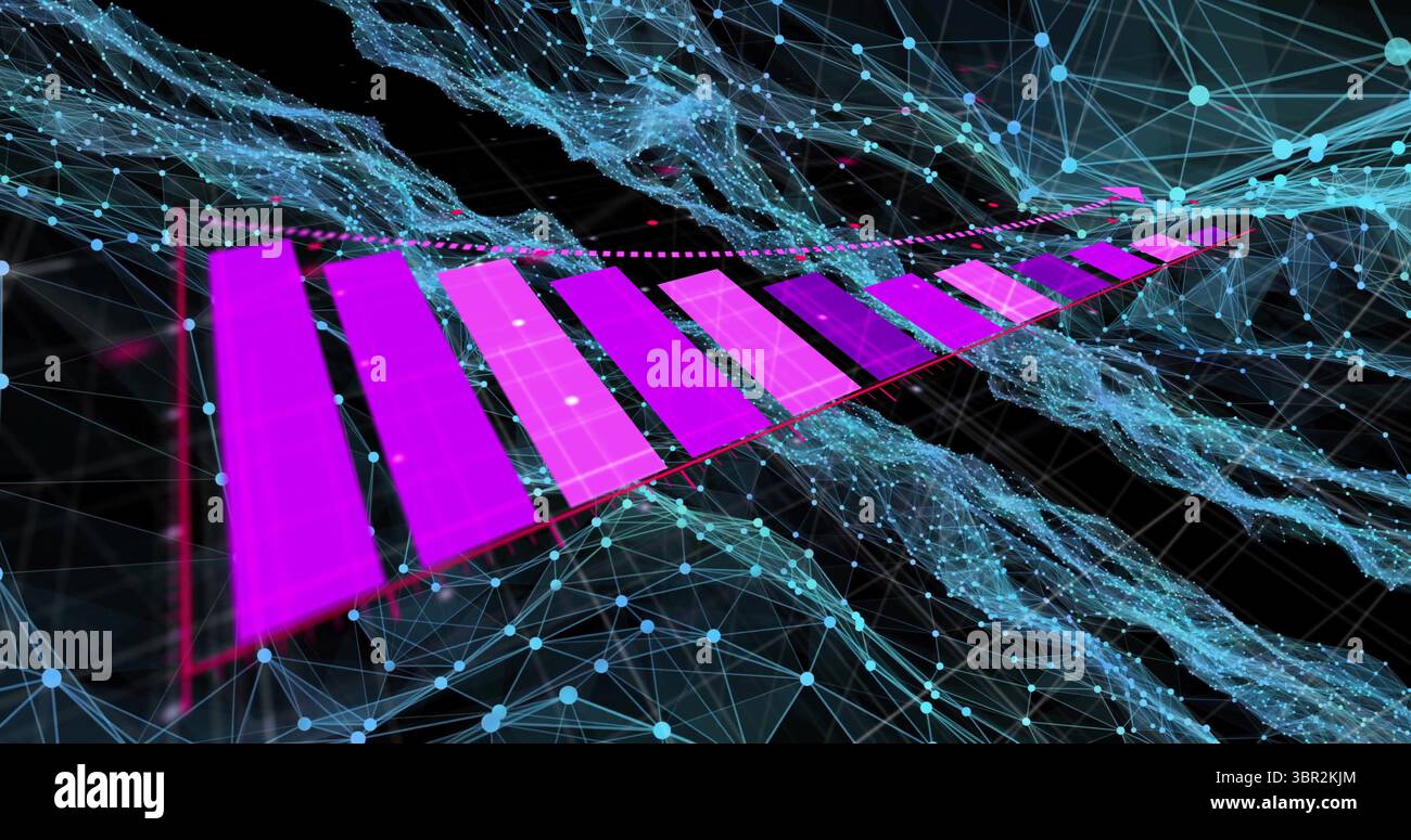 Floating magenta 3D bars receding in dark virtual data space, with azure nodes and dotted line ...