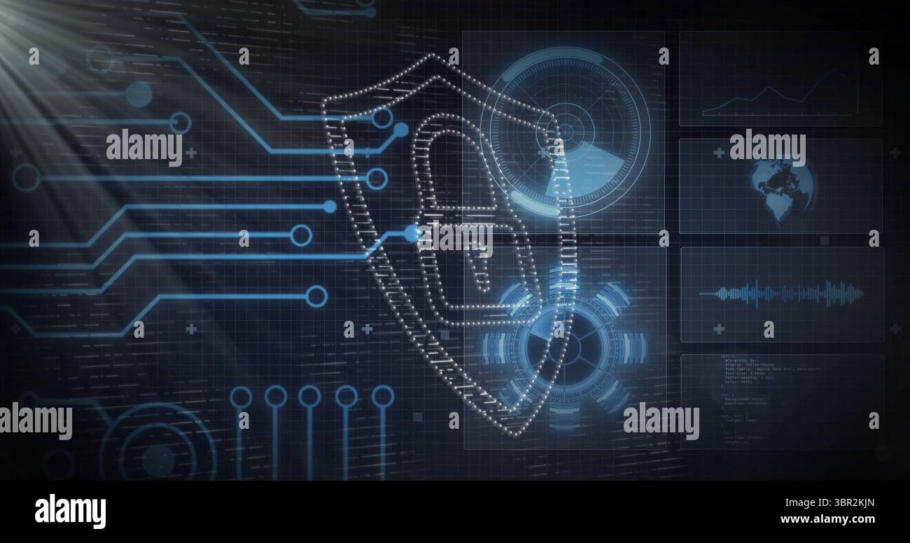 Wireframe shield with lock icon floating in dark grid interface, with ...