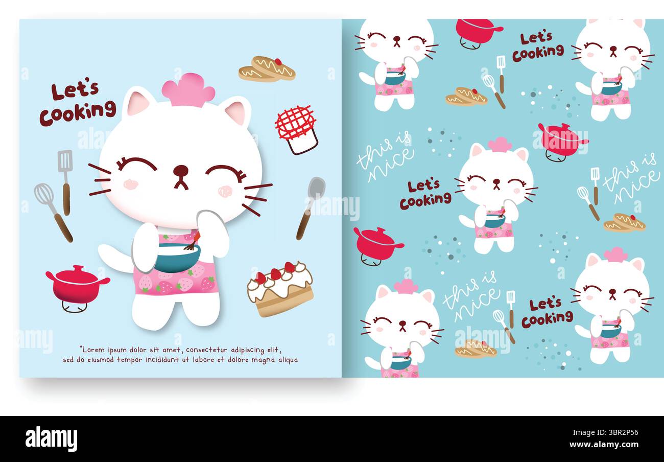 cute kitty cooking in the kitchen vector set Stock Vector Image & Art ...