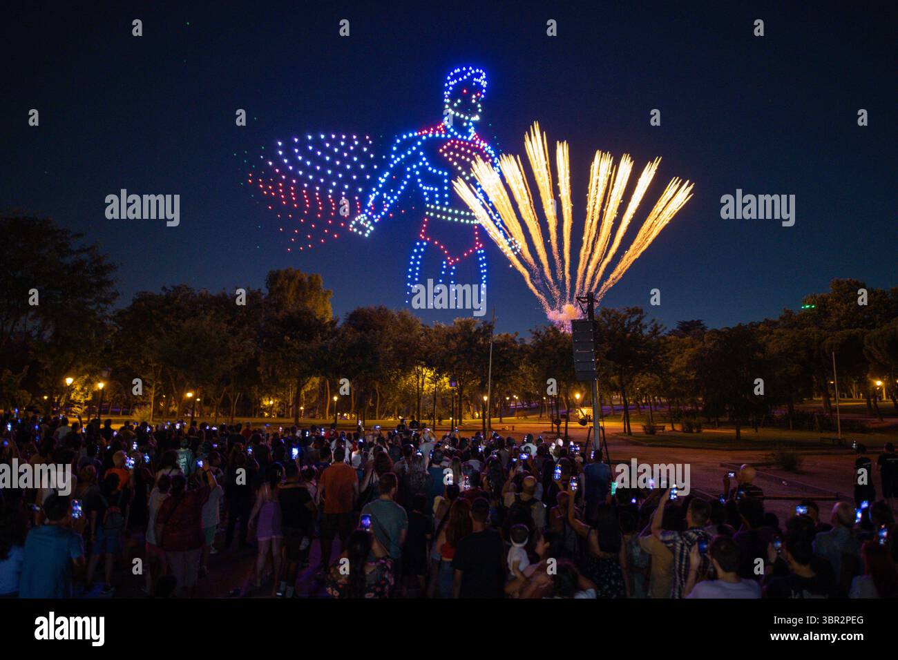 An image of Superman is projected by drones over the sky of Madrid ...