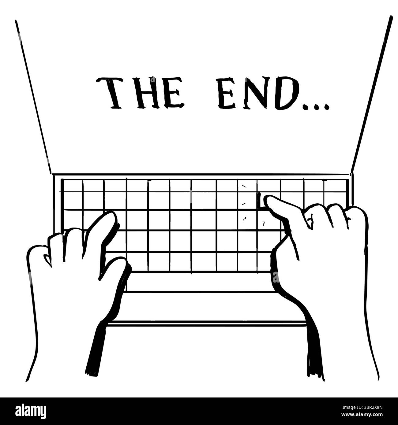 Drawing sketch style illustration of a hand typing ÒThe EndÓ on laptop ...
