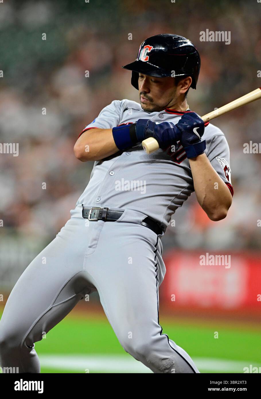 Cleveland Guardians shortstop Brayan Rocchio (4) avoids an inside pitch ...