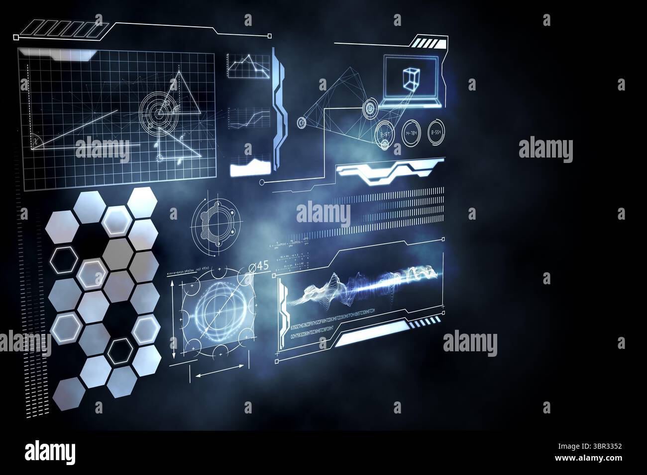 3D holographic interface is floating in dark void, showing data charts and cube icon Stock Photo ...