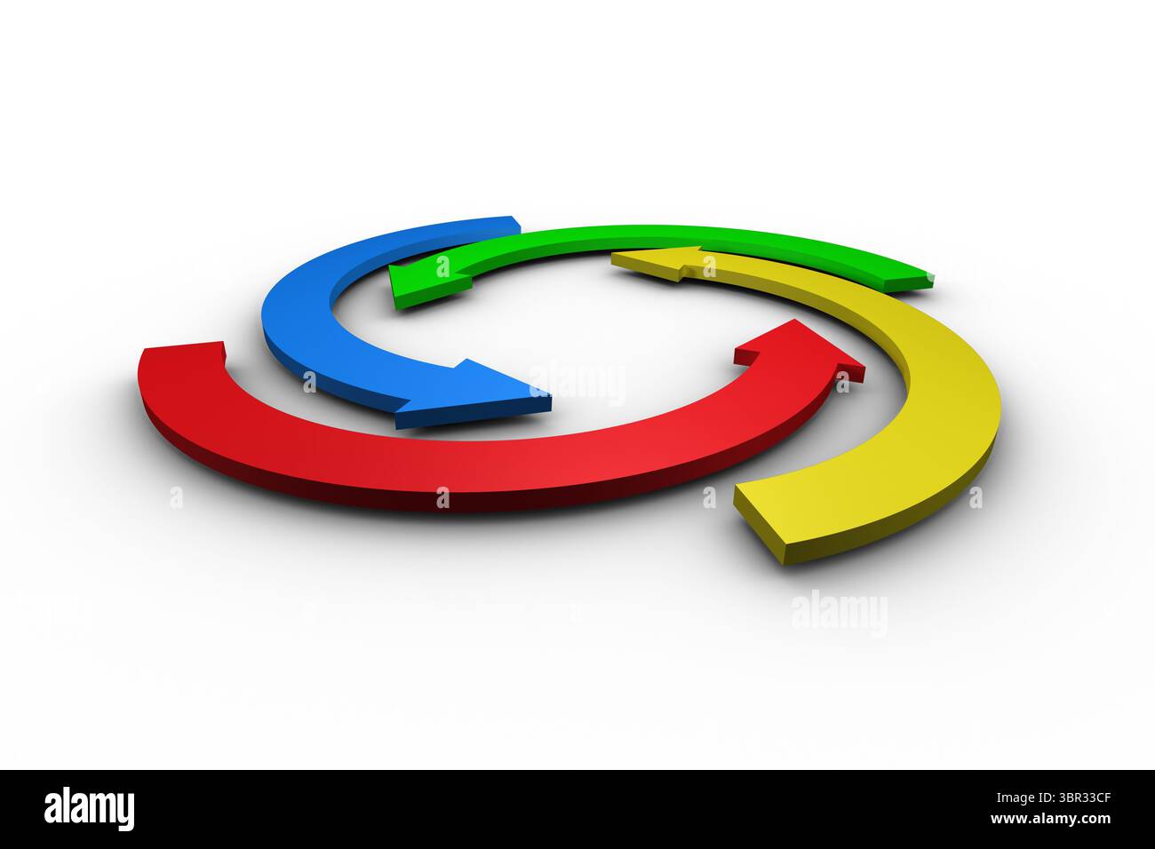 Four overlapping colorful 3D arrows are forming circular loop on white ...