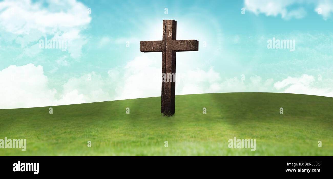 Wooden cross is standing on rolling hill in flat design, with sunlight ...