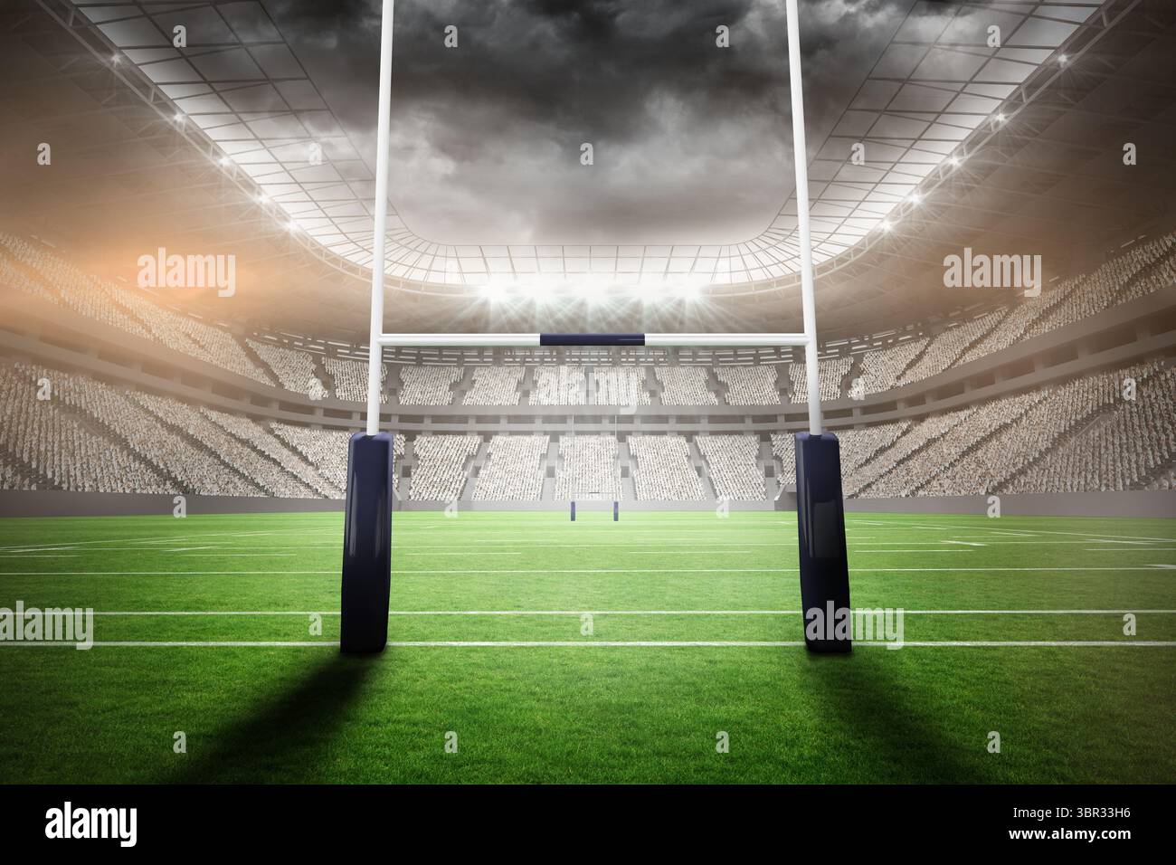 Pair of upright goalposts standing in stadium under curved roof with ...