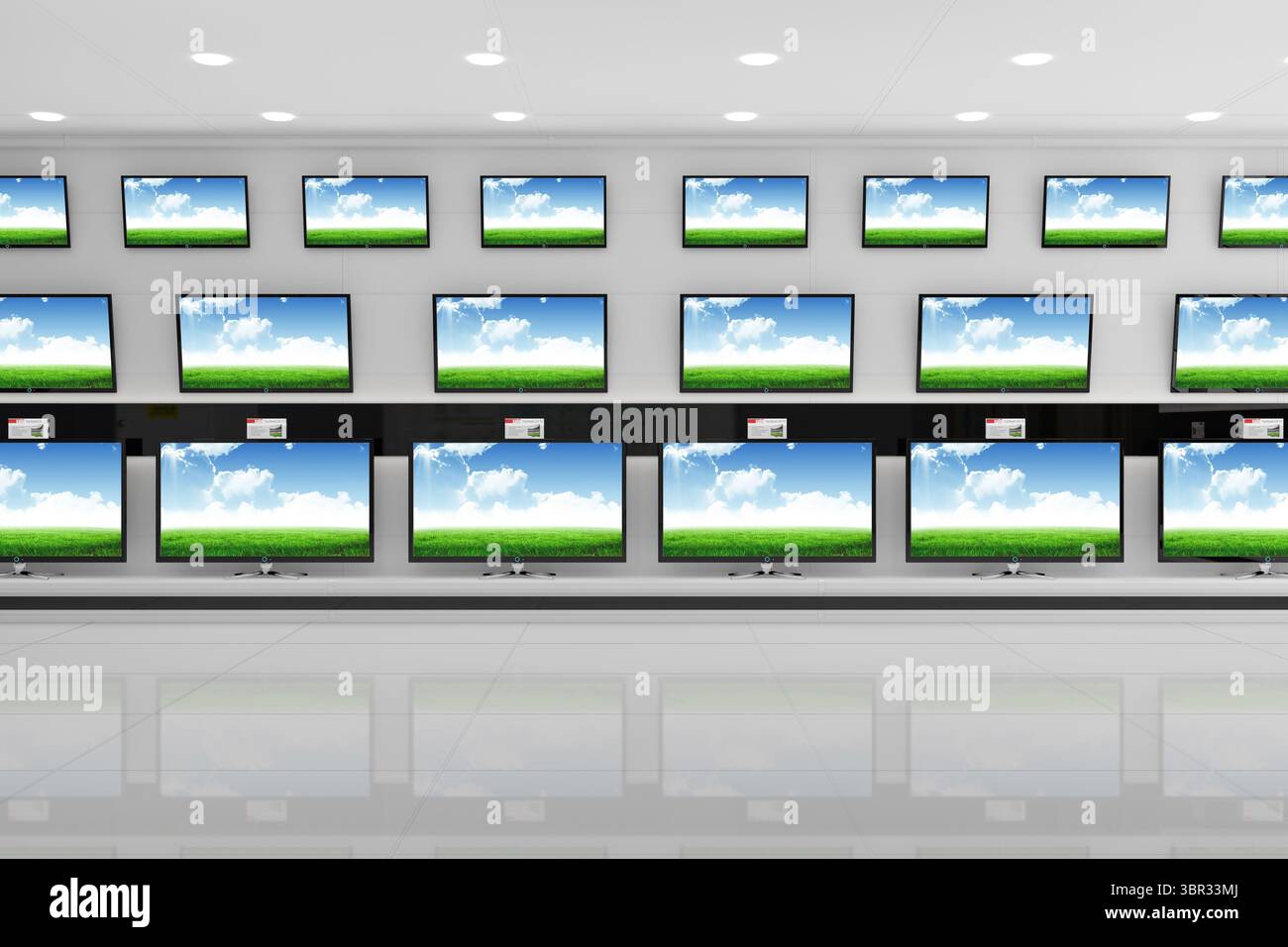Rows of flat-screen TVs are being displayed in 3D-render showroom, with ...