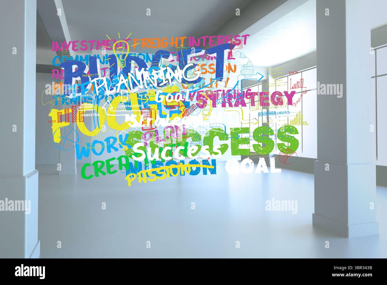 Floating business visuals in flat design are hovering in office space ...