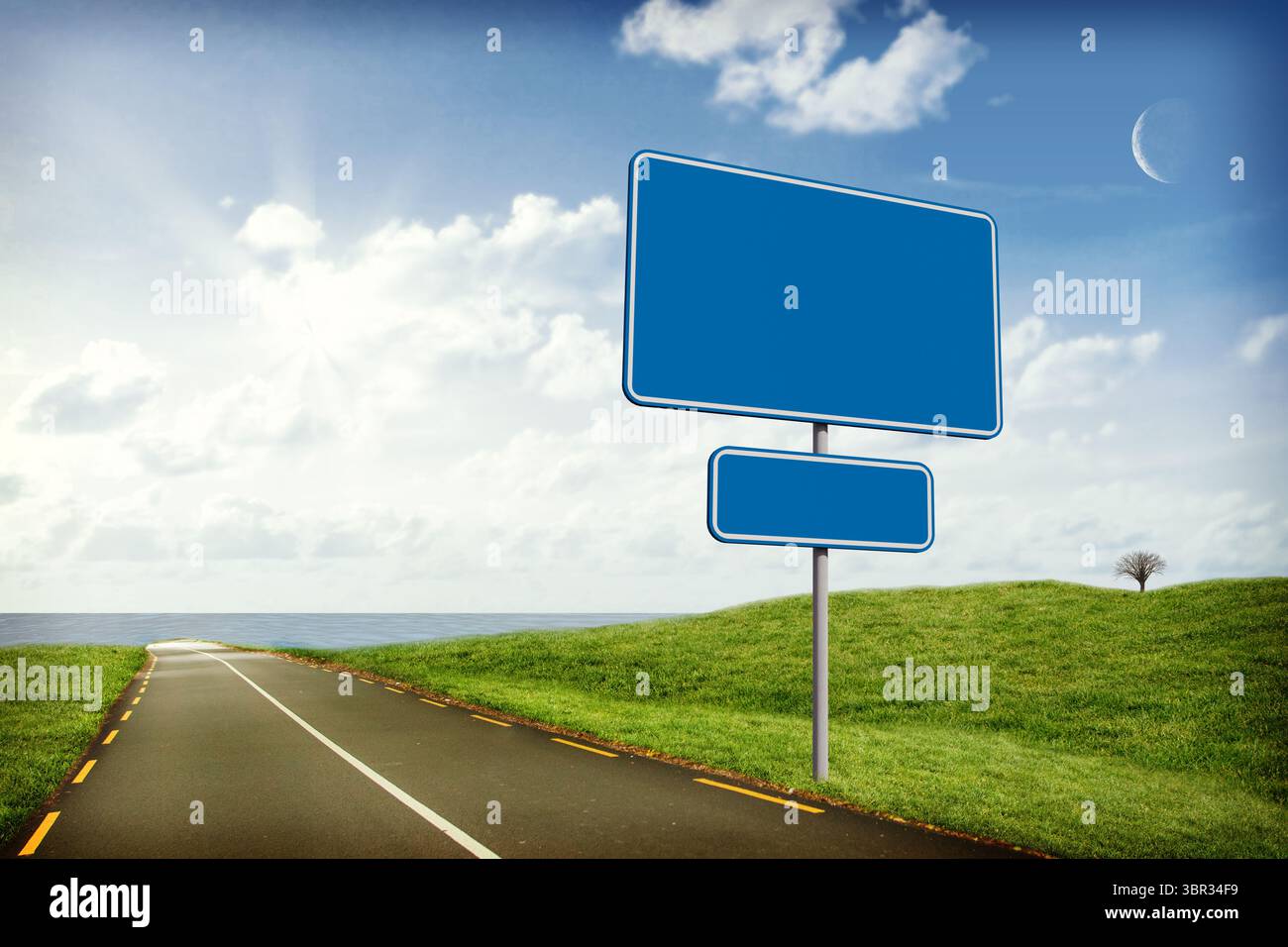 Flat design illustration is showing blank blue road sign on coastal road with leafless hilltop ...