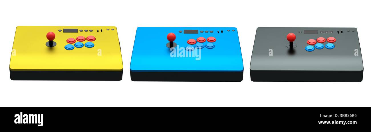 A set of three colorful arcade joysticks, catering to retro gaming ...