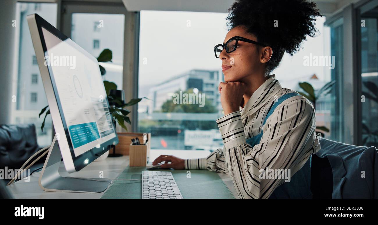 Charts, computer screen and reading with business woman in office for ...