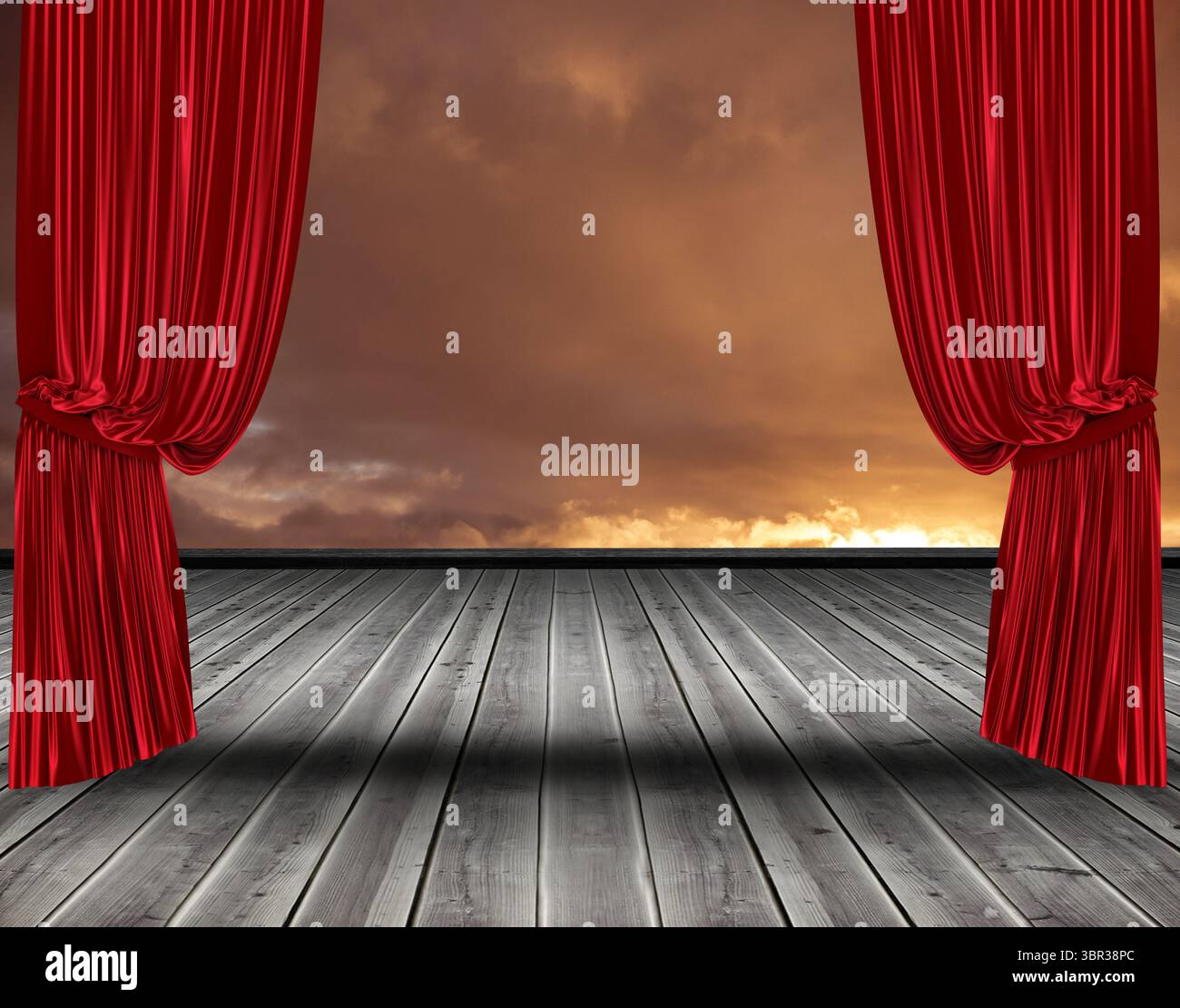 Stage floor and cloudy backdrop are being revealed in flat-design stage ...