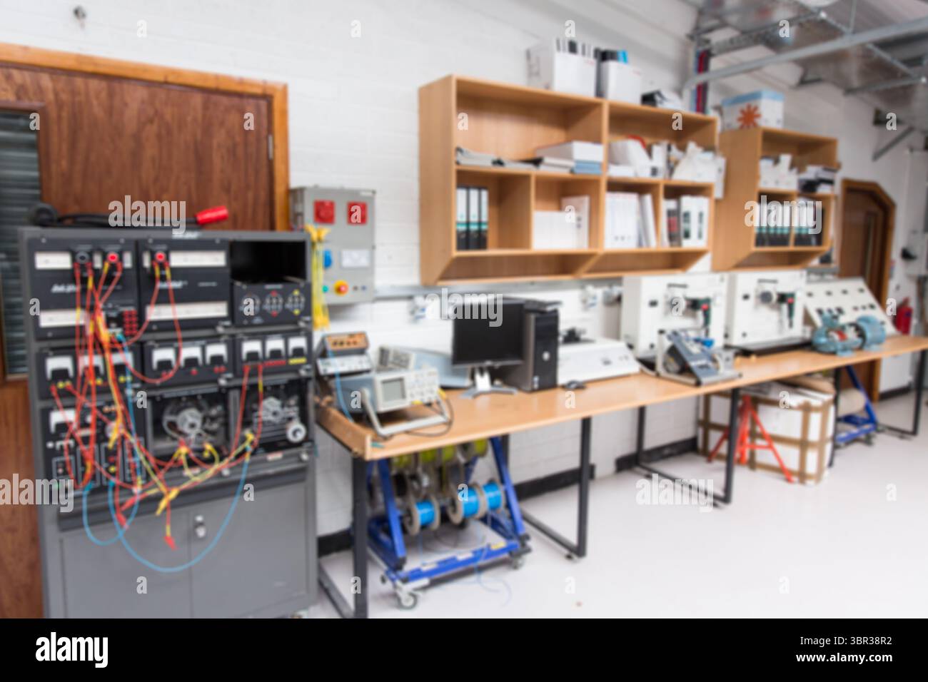 Flat design electronics lab is featuring equipment rack, test bench ...