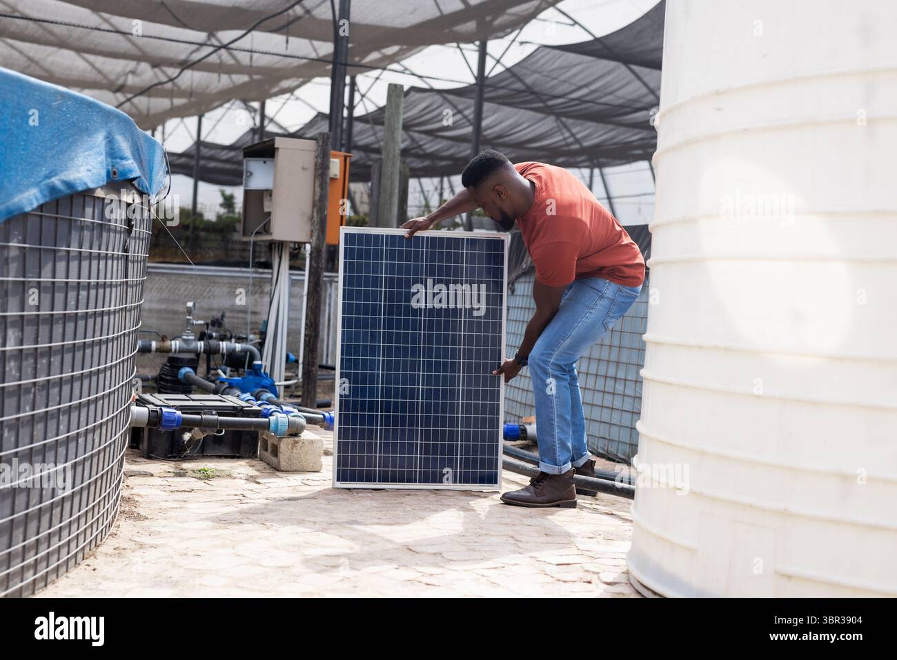 Mid adult African American man standing in nursery lifting solar panel ...
