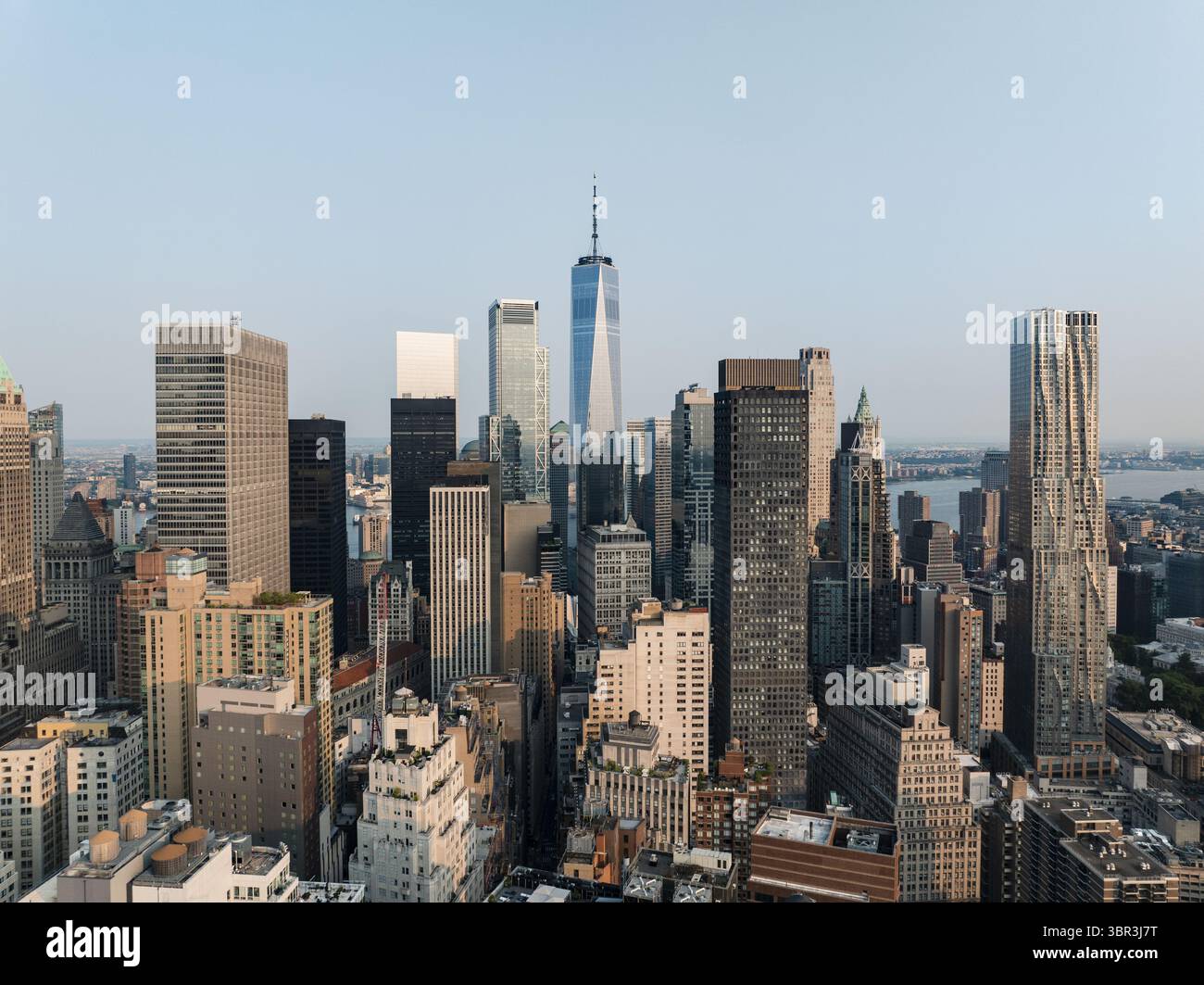Aerial view of skyscrapers piercing the skyline, including the iconic ...