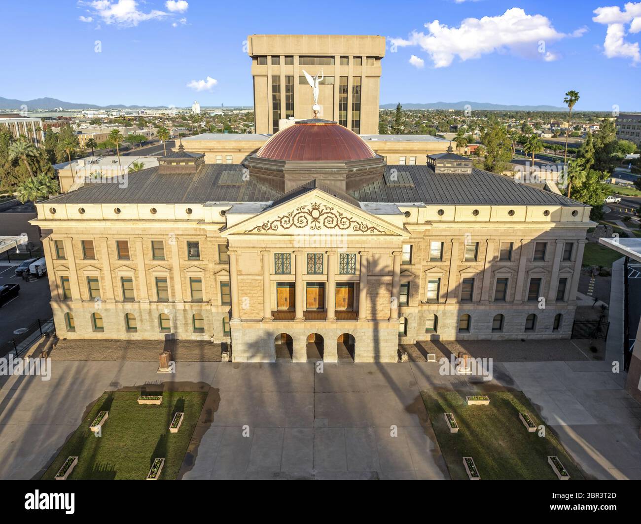 Aerial view of the Arizona State Capitol Building, its copper dome ...
