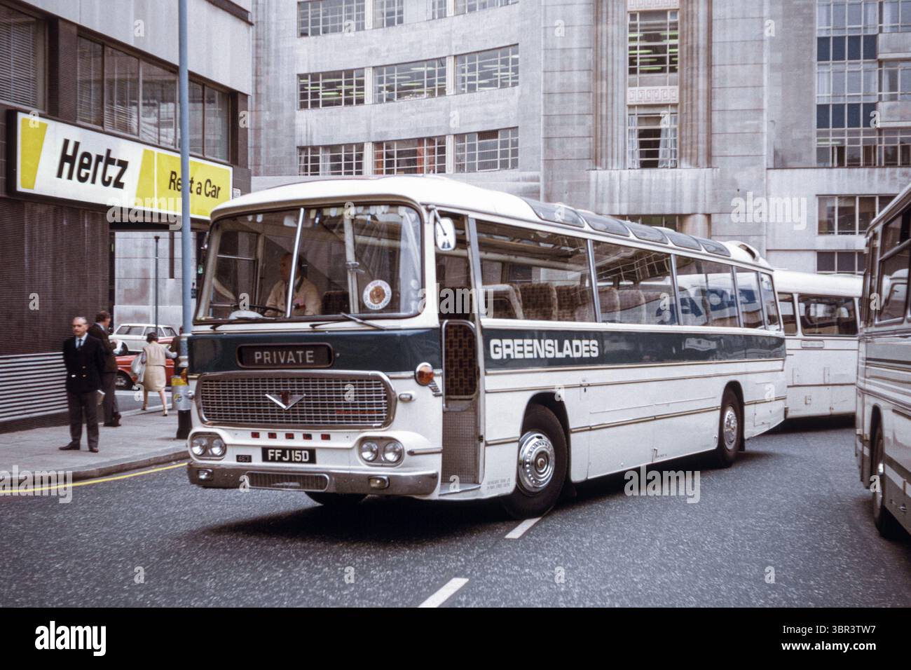 London, UK - 1973: Vintage image of a AEC Reliance 2U3RA bus pulling ...