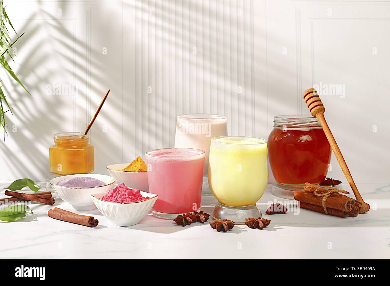 A variety of colorful matcha latte, Japanese tea, golden turmeric ...