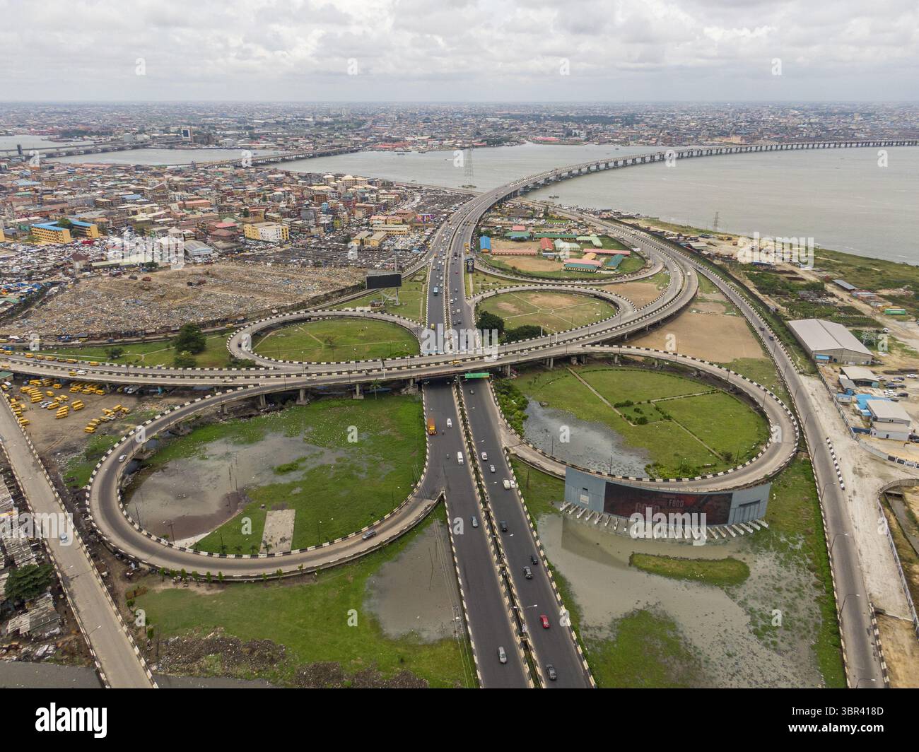 Aerial view of a complex cloverleaf interchange with bridges gracefully ...