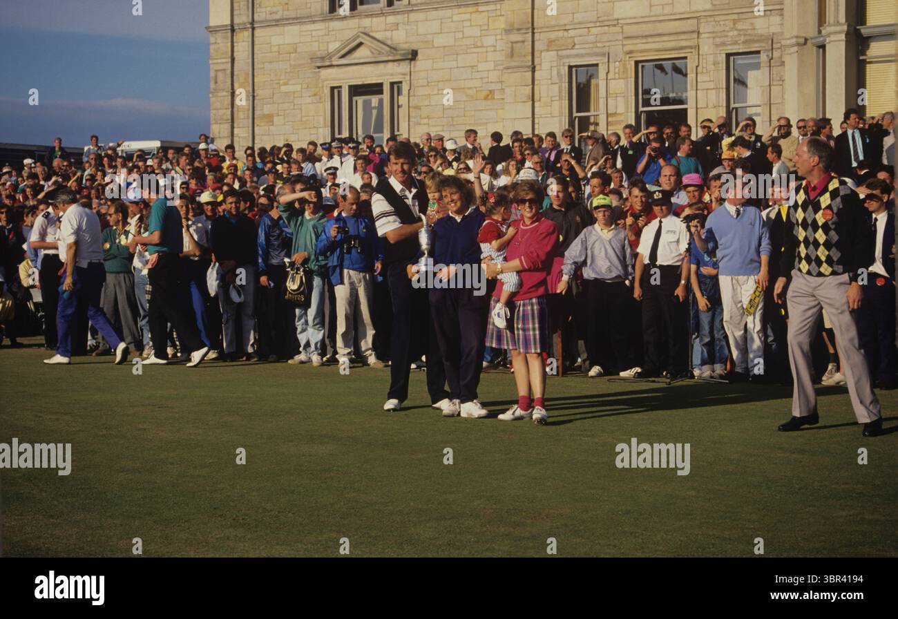 Nick Faldo with wife Gill and caddy with the trophy after winning on ...