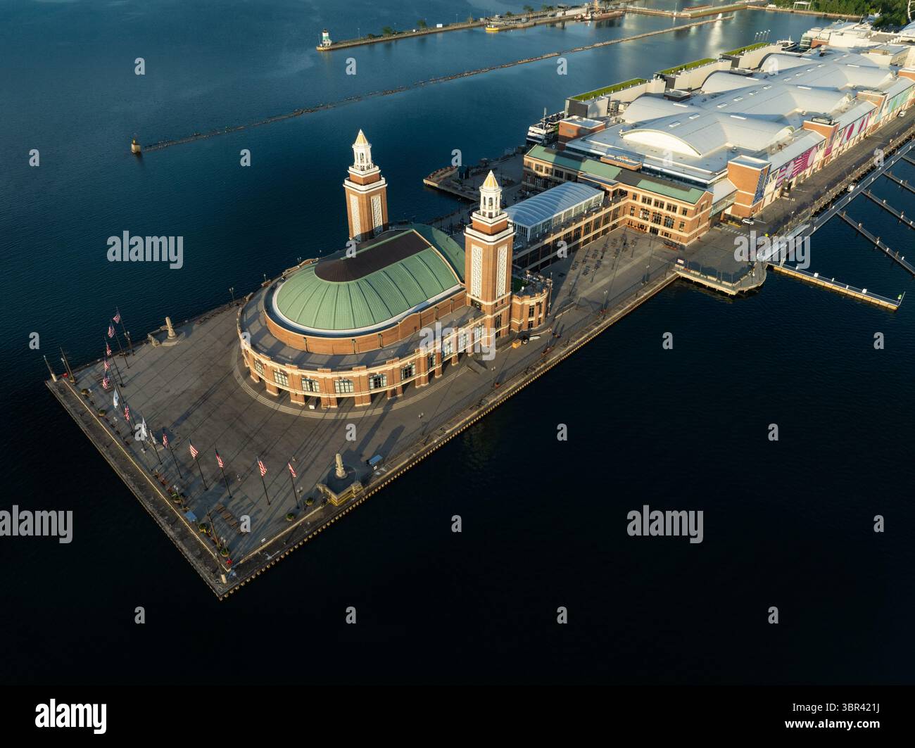 Aerial view of Navy Pier's vibrant architecture meets the deep blue ...