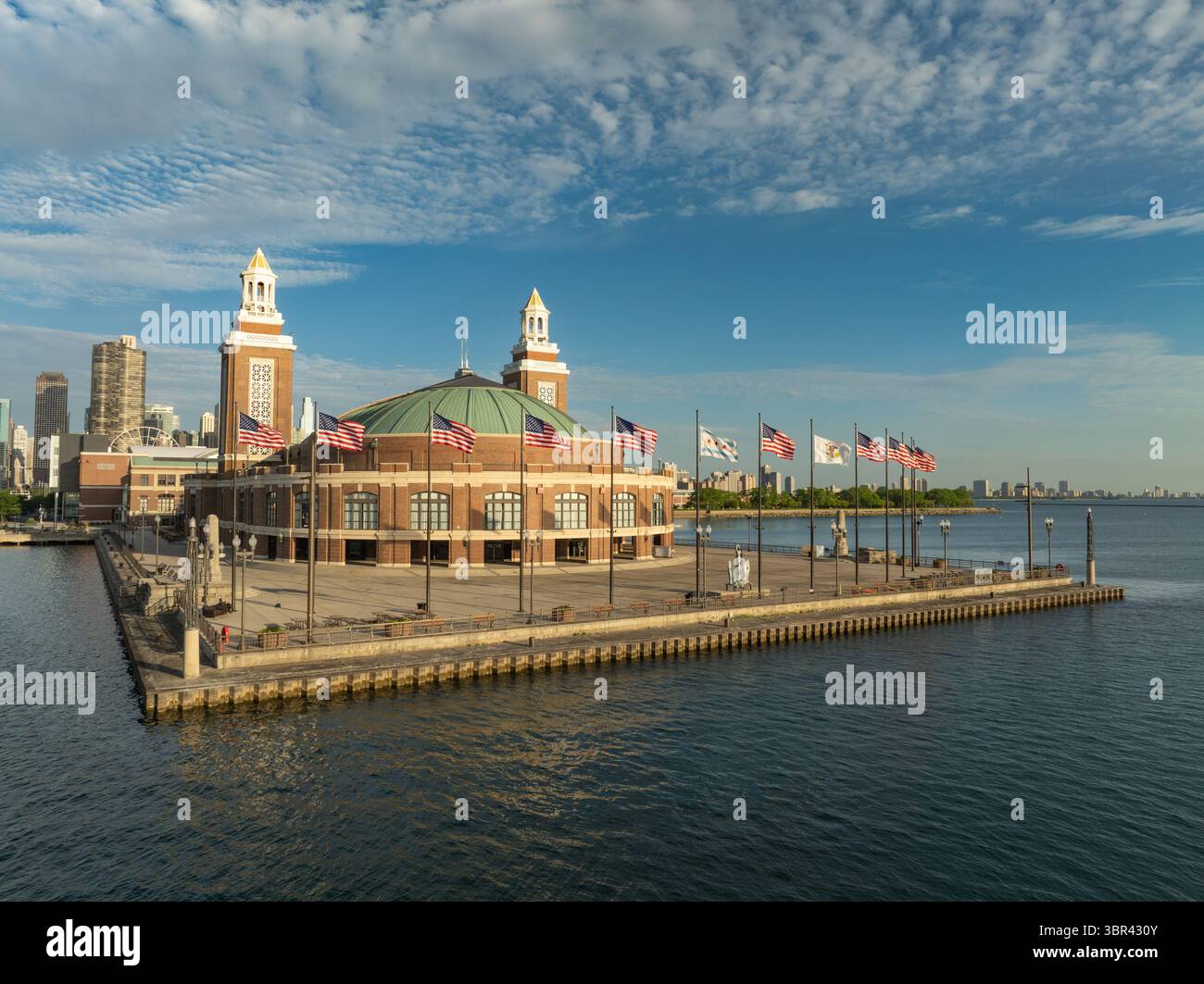 Aerial view of the iconic Navy Pier with its distinctive dome and flag ...