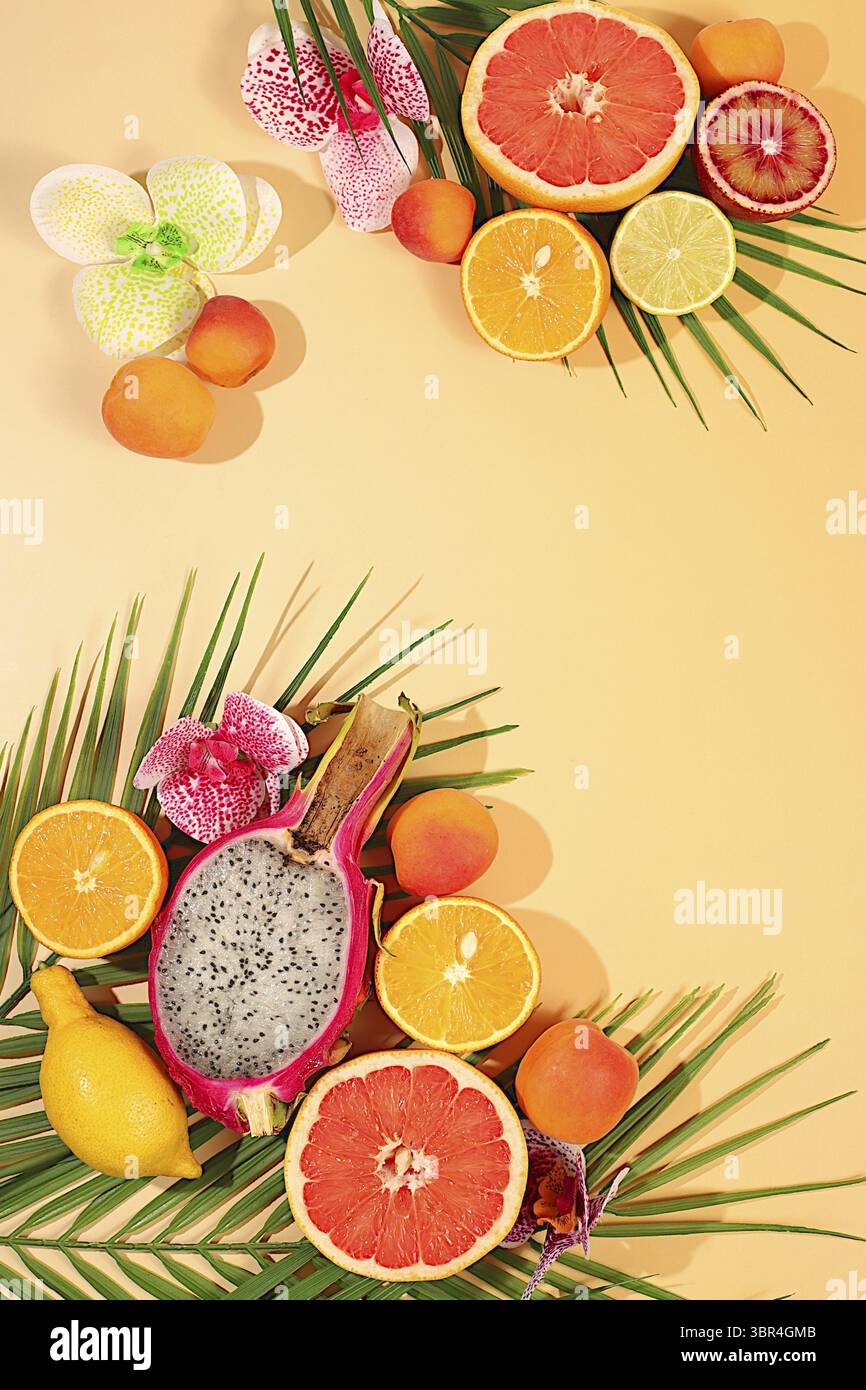 Dragon fruit, pitaya, oranges, lemons, apricots, orchid flowers ...