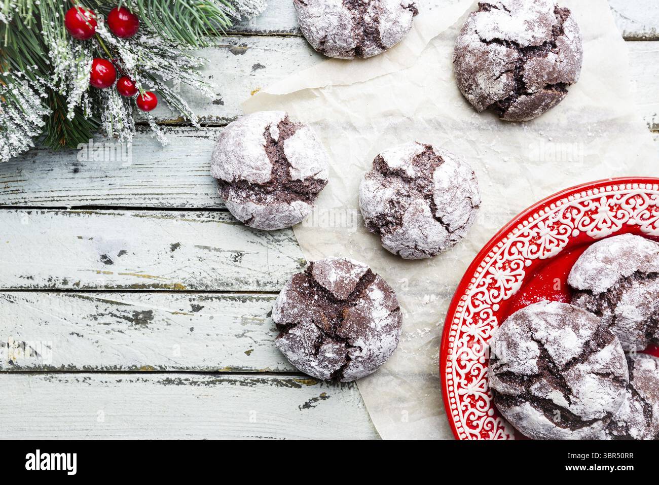 Chocolate crinkle cookies with powdered sugar icing, top view Stock ...