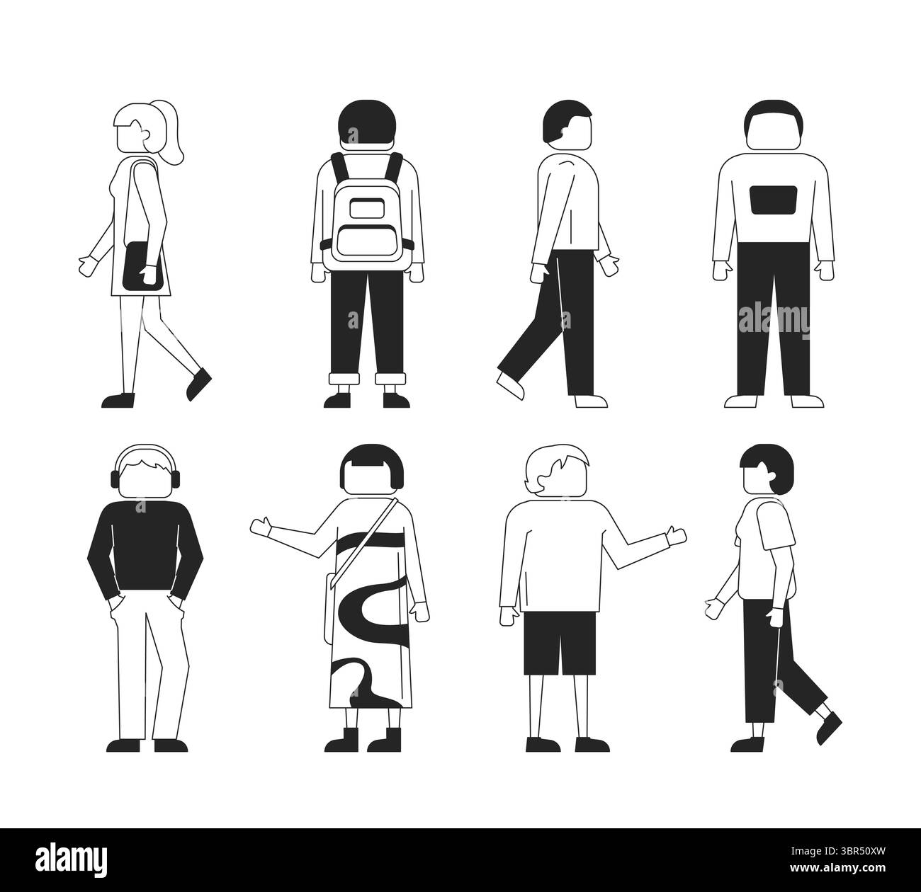 Diverse modern faceless people in various poses and outfits 2D line ...